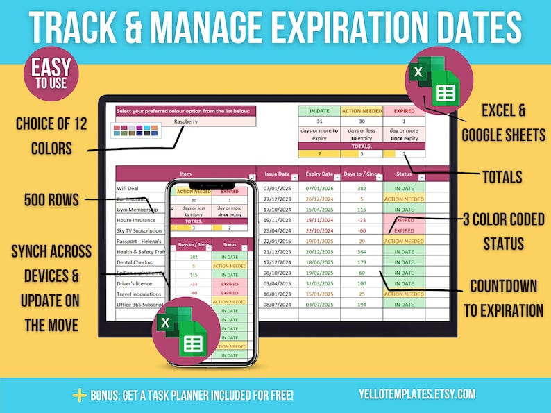 Expiration Date Tracker: Excel & Google Sheets Template (digital ...