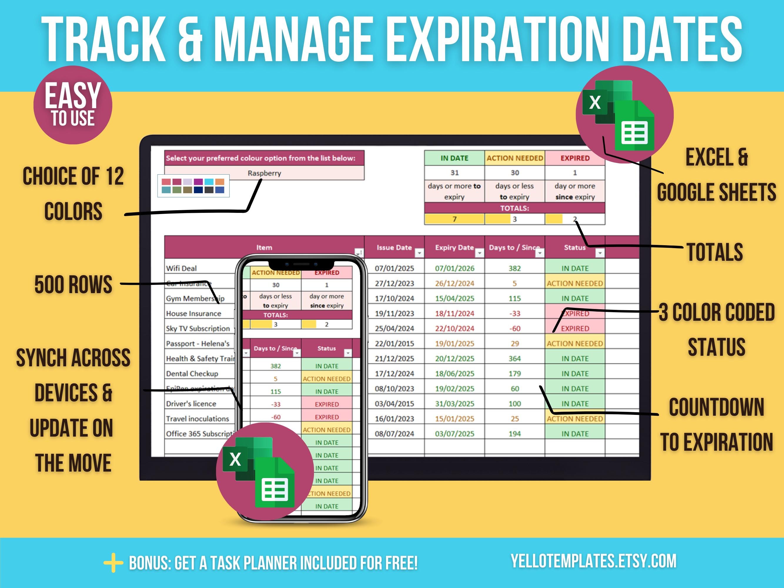 Expiration Date Tracker: Excel & Google Sheets Template (digital ...