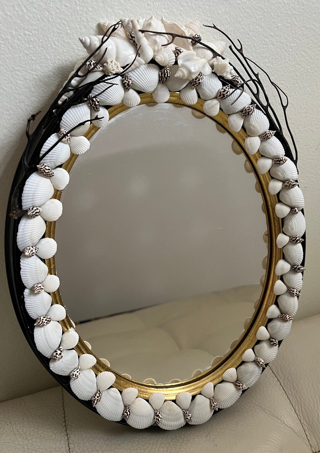Black Coral Seashell Embellished Black Gilt Trim Oval Mirror - Etsy