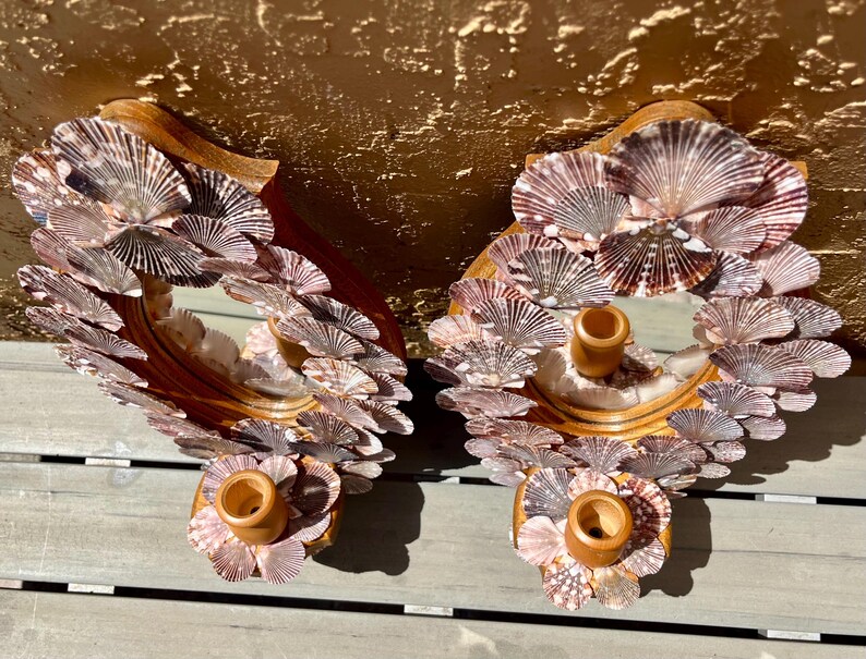 Pixie Scallop Shell Candle Sconces Pair on Vintage Wood - Etsy
