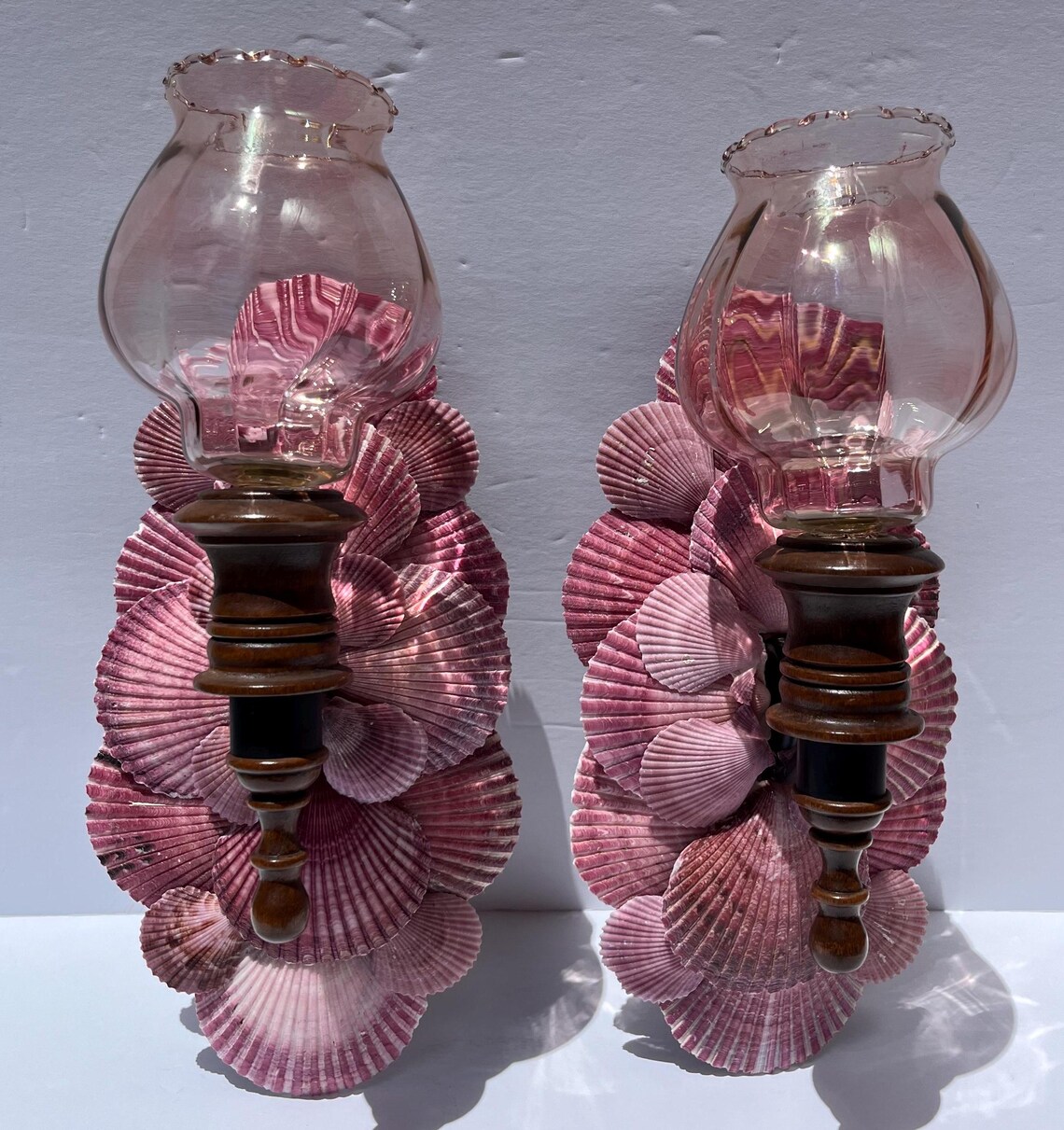 Scallop Shell Pinks Candle Sconces With Pink Tulip Swirled Glass ...