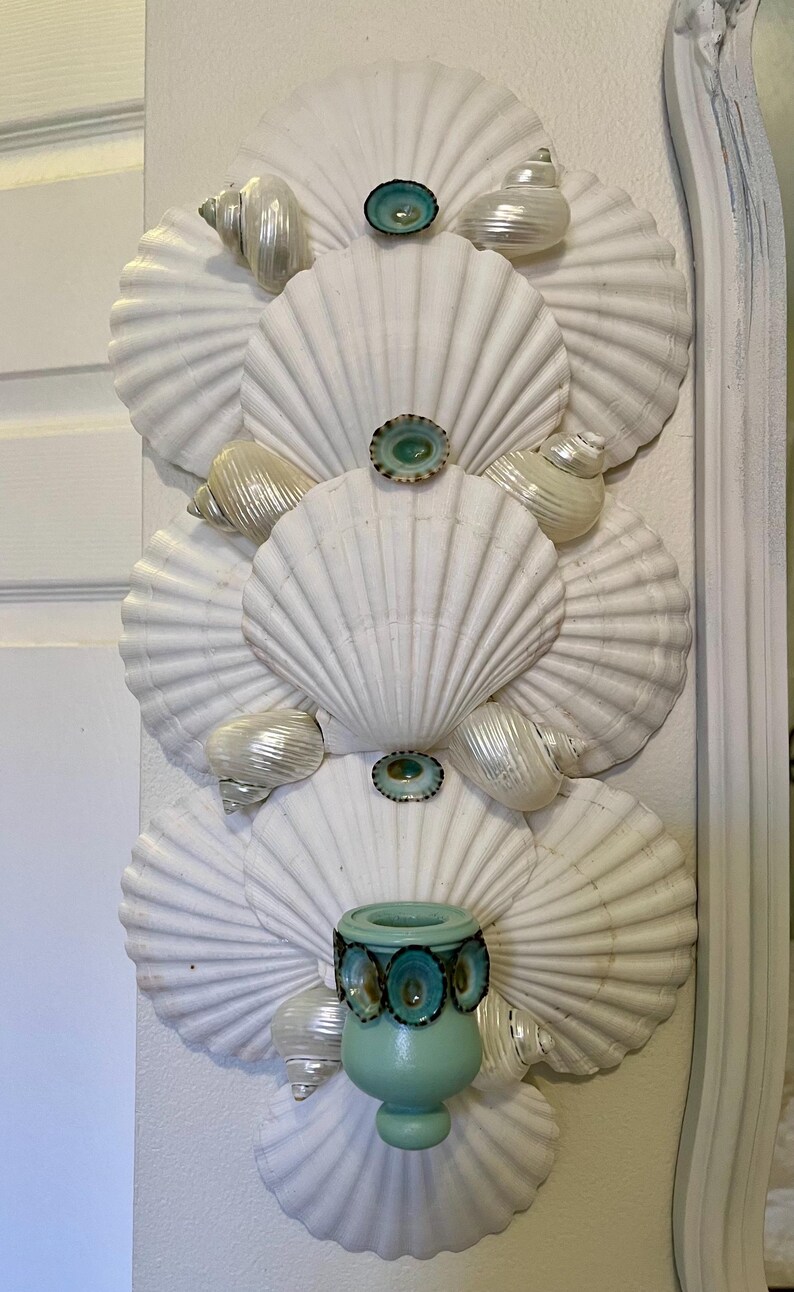 Sea Glass Green & Ivory Scallop Shell Polished Turbo Candle Sconce Set ...