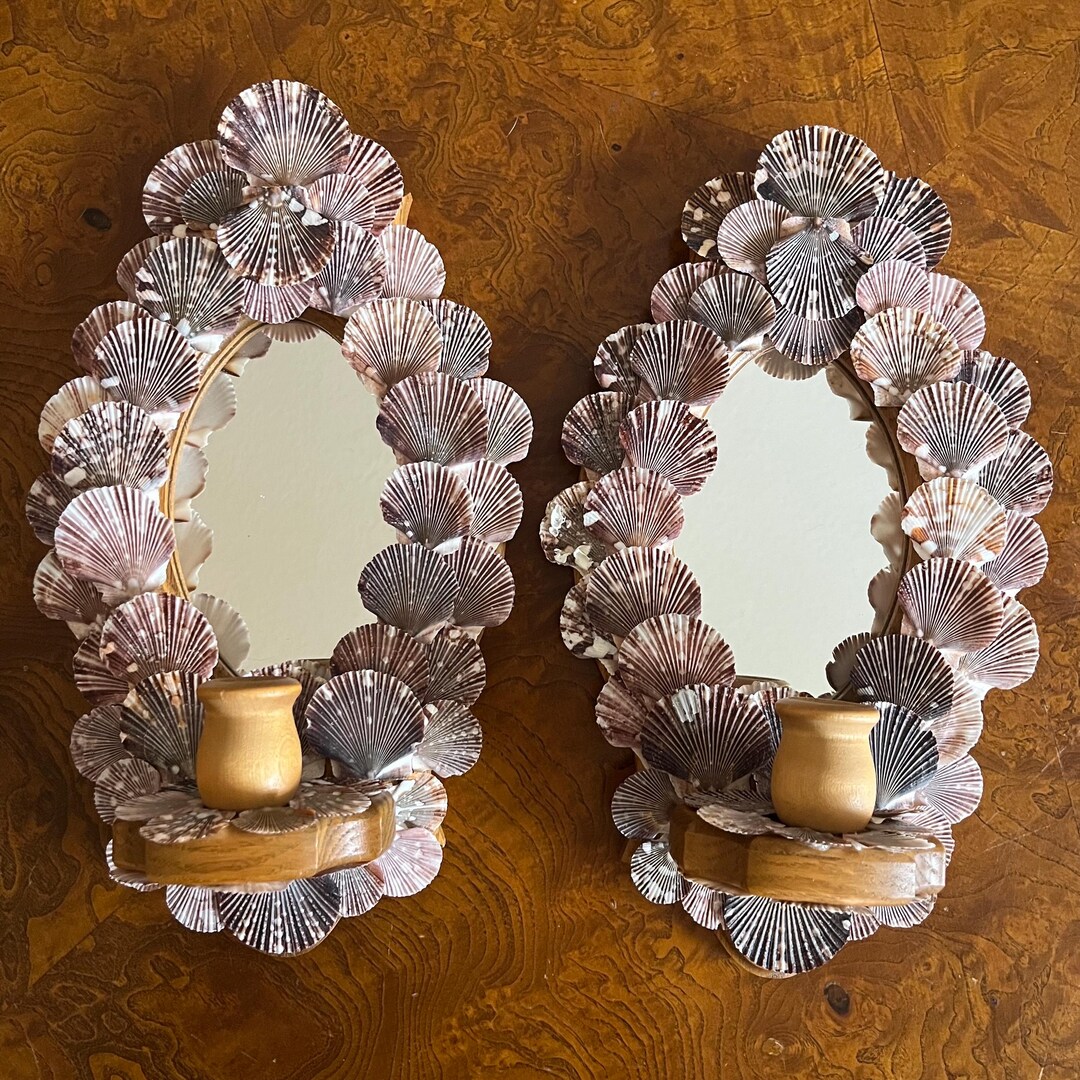 Pixie Scallop Shell Candle Sconces Pair on Vintage Wood - Etsy