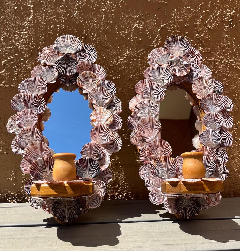 Pixie Scallop Shell Candle Sconces Pair on Vintage Wood - Etsy