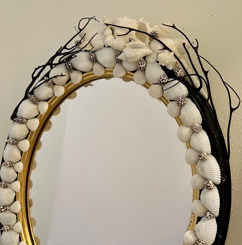 Black Coral Seashell Embellished Black Gilt Trim Oval Mirror - Etsy