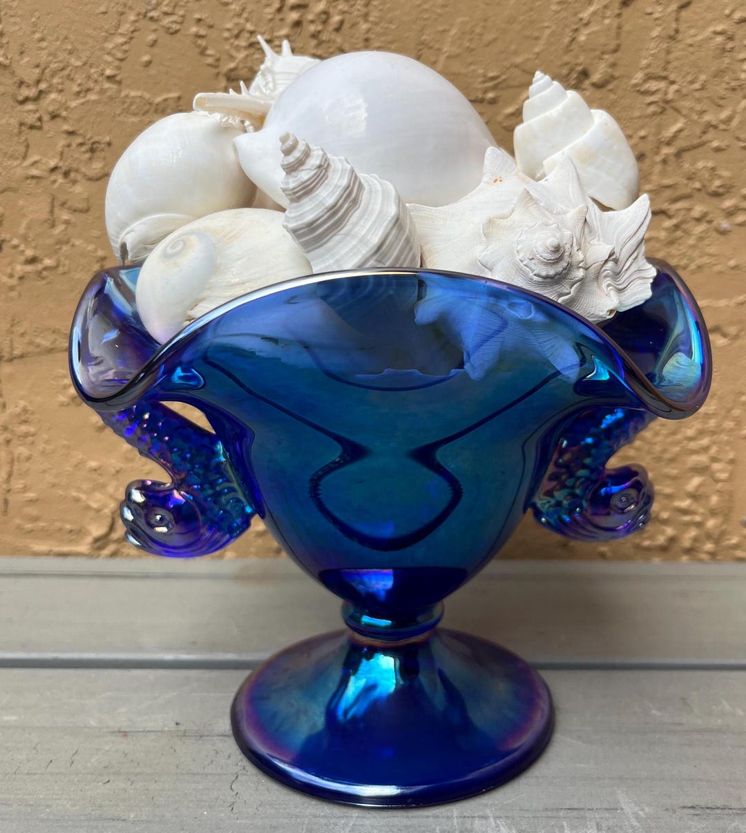 Ivory Seashell Embellished Topiary Fenton Glass Dolphin Bowl Tropical ...