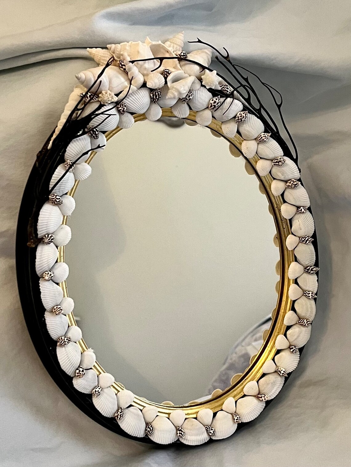 Black Coral Seashell Embellished Black Gilt Trim Oval Mirror - Etsy