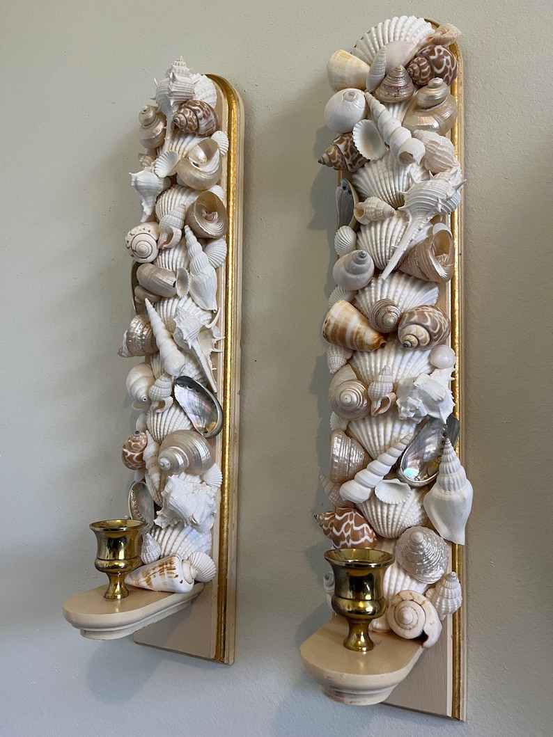 Seashell Embellished Pair of Candle Sconces Beach House Decor Costal ...