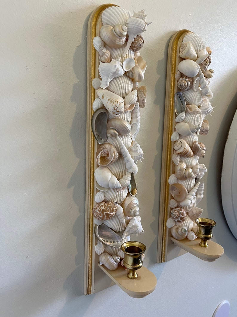 Seashell Embellished Pair of Candle Sconces Beach House Decor Costal ...