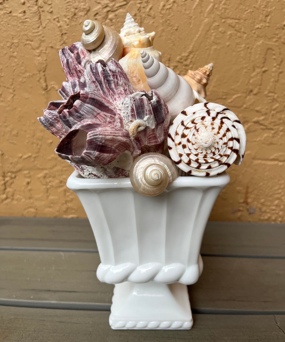 Seashell Topiary Embellished White Milk Glass Tropical Tablescape ...