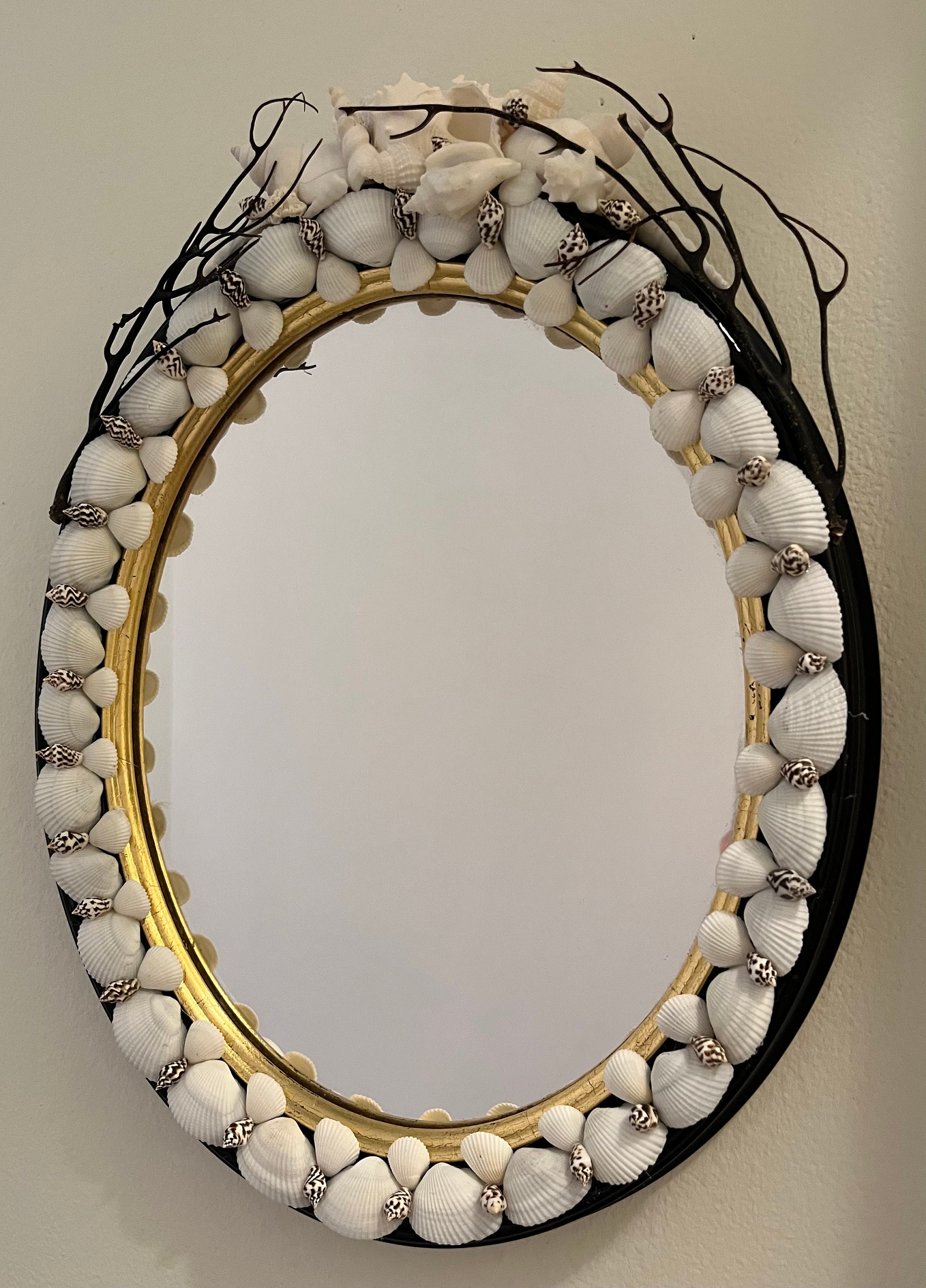 Black Coral Seashell Embellished Black Gilt Trim Oval Mirror - Etsy