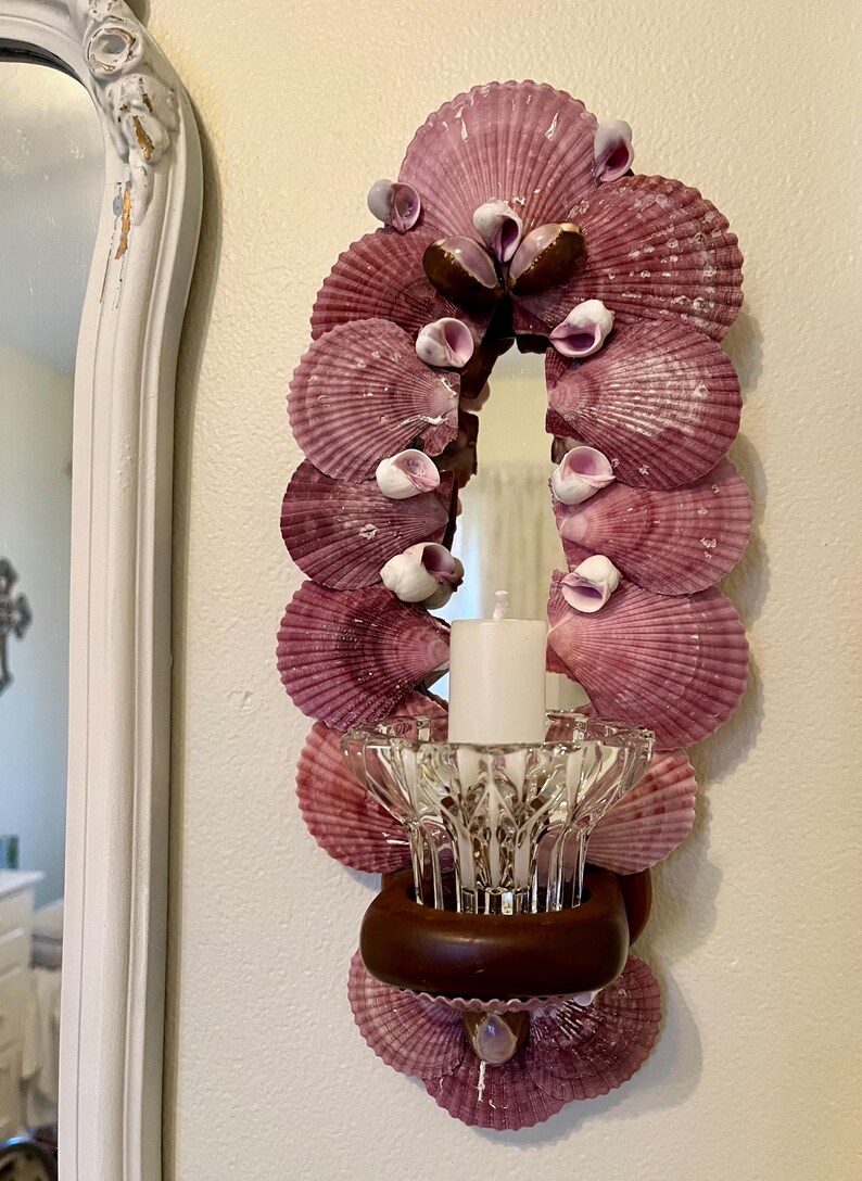 Purple Haze Scallop Shell Crystal Candle Sconces Pair Vintage Mirror ...