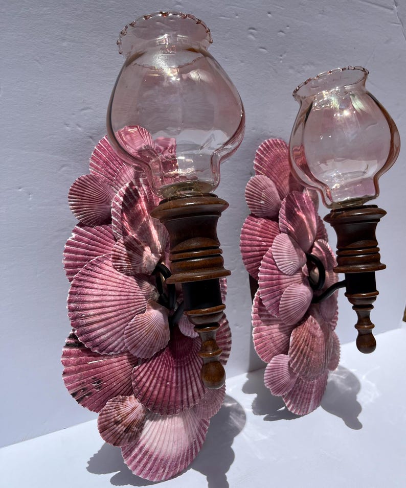 Scallop Shell Pinks Candle Sconces With Pink Tulip Swirled Glass Votives - Etsy