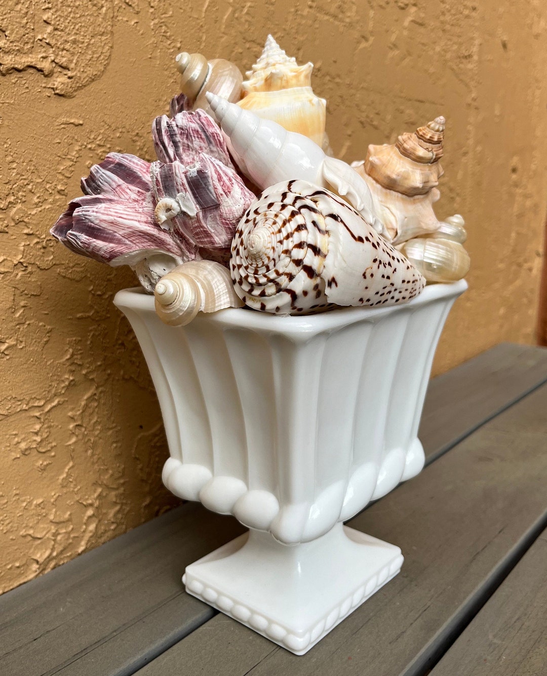 Seashell Topiary Embellished White Milk Glass Tropical Tablescape ...
