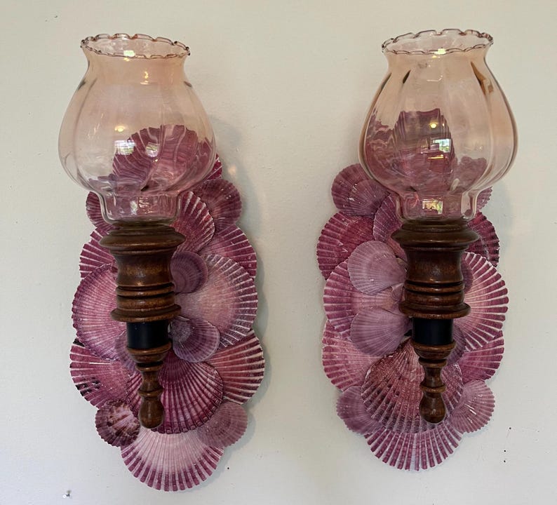 Scallop Shell Pinks Candle Sconces With Pink Tulip Swirled Glass ...