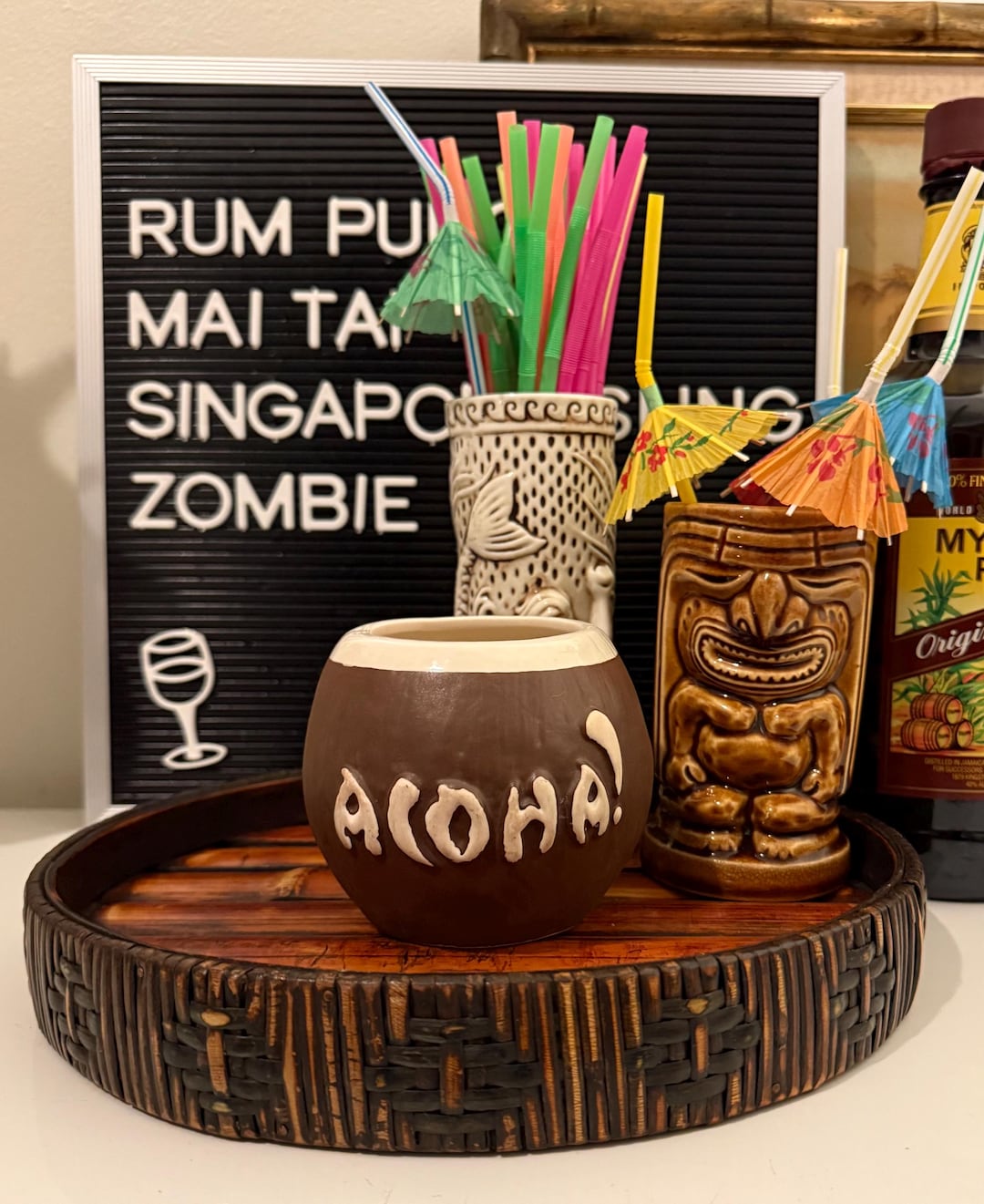 Palm Terrace Tiki Bar Vintage Bamboo Round Tray Centerpiece Tropical ...