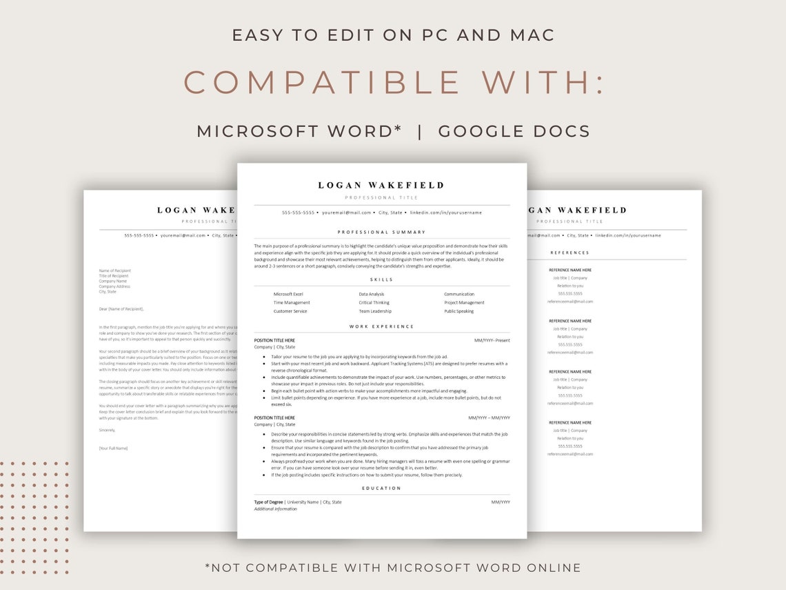 ATS Resume Template for Word & Google Docs Editable Resume - Etsy