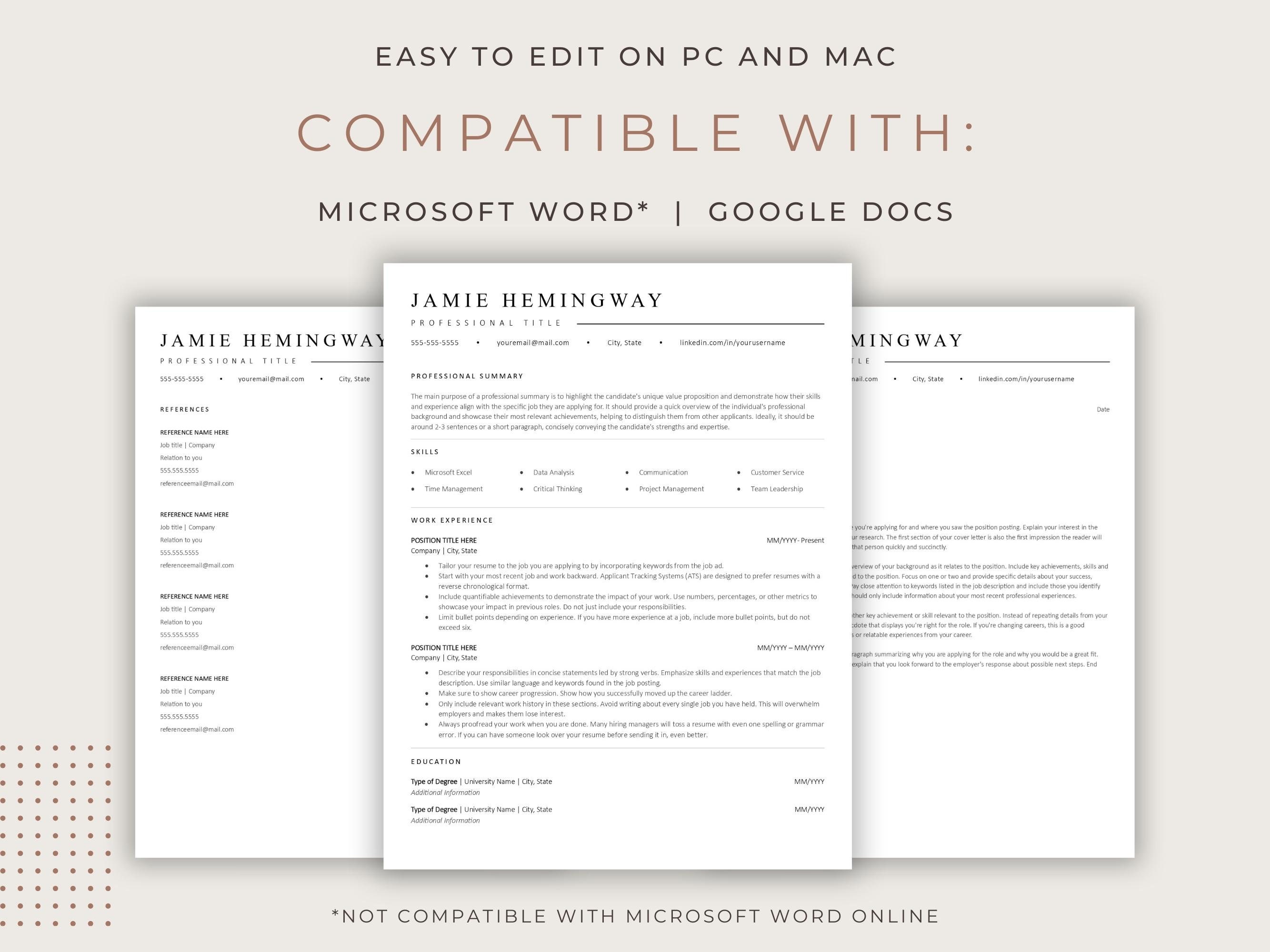 ATS Resume Template for Word & Google Docs Resume for Professionals ...