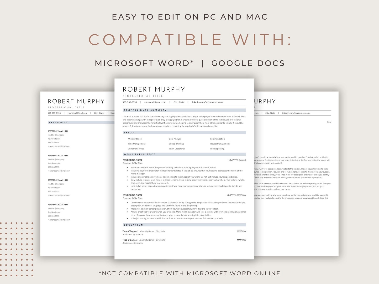 ATS Resume Template for Word & Google Docs Professional Modern Resume ...