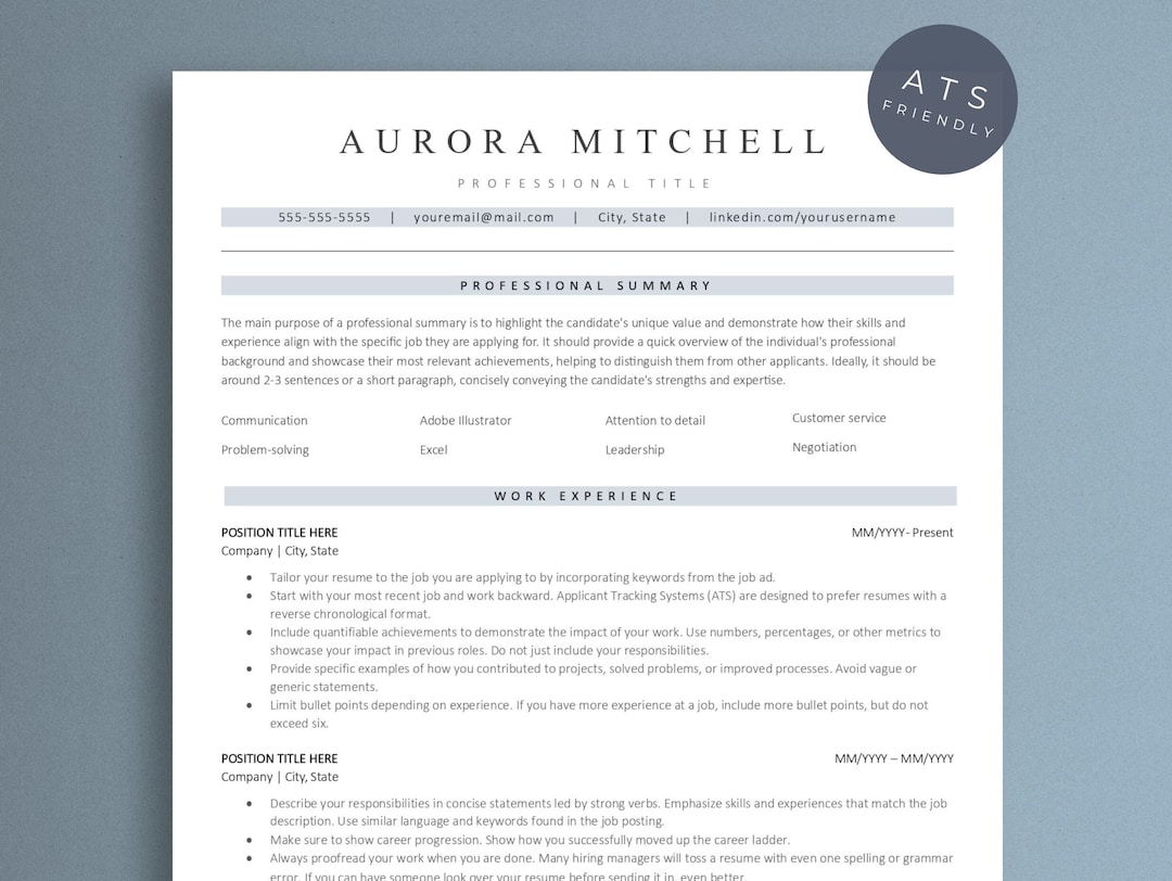 ATS Resume Template for Word & Google Docs | Professional Modern Resume ...