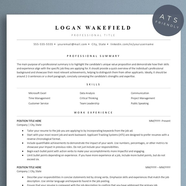 ATS Friendly Resume Template CV Template for Word & Google Docs, Resume ...