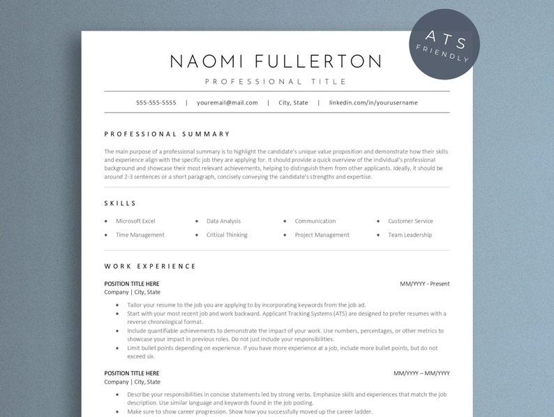 ATS Resume Template for Word & Google Docs | Professional Modern Resume ...