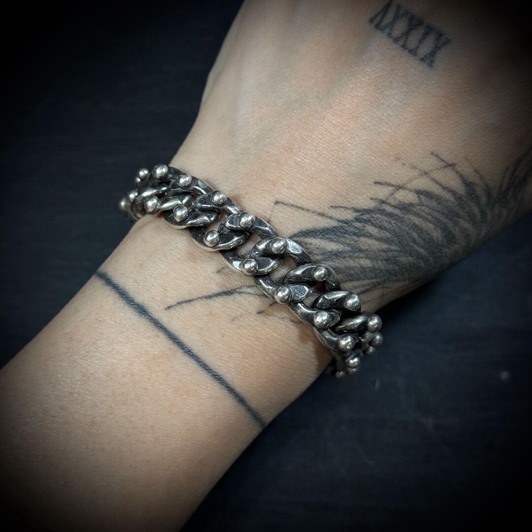 Handmade Silver Bracelet - Cuban With Beads Deco 12mm Rustic Oxidized ...