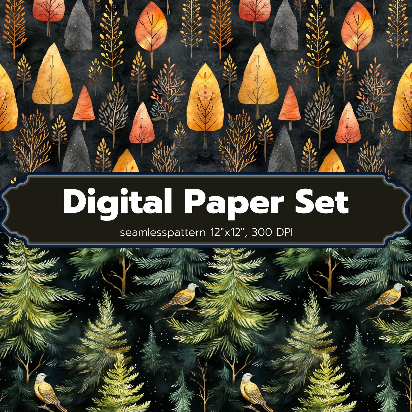 Watercolor Forest Digital Paper - Scrapbook Papers - Dark Forest ...