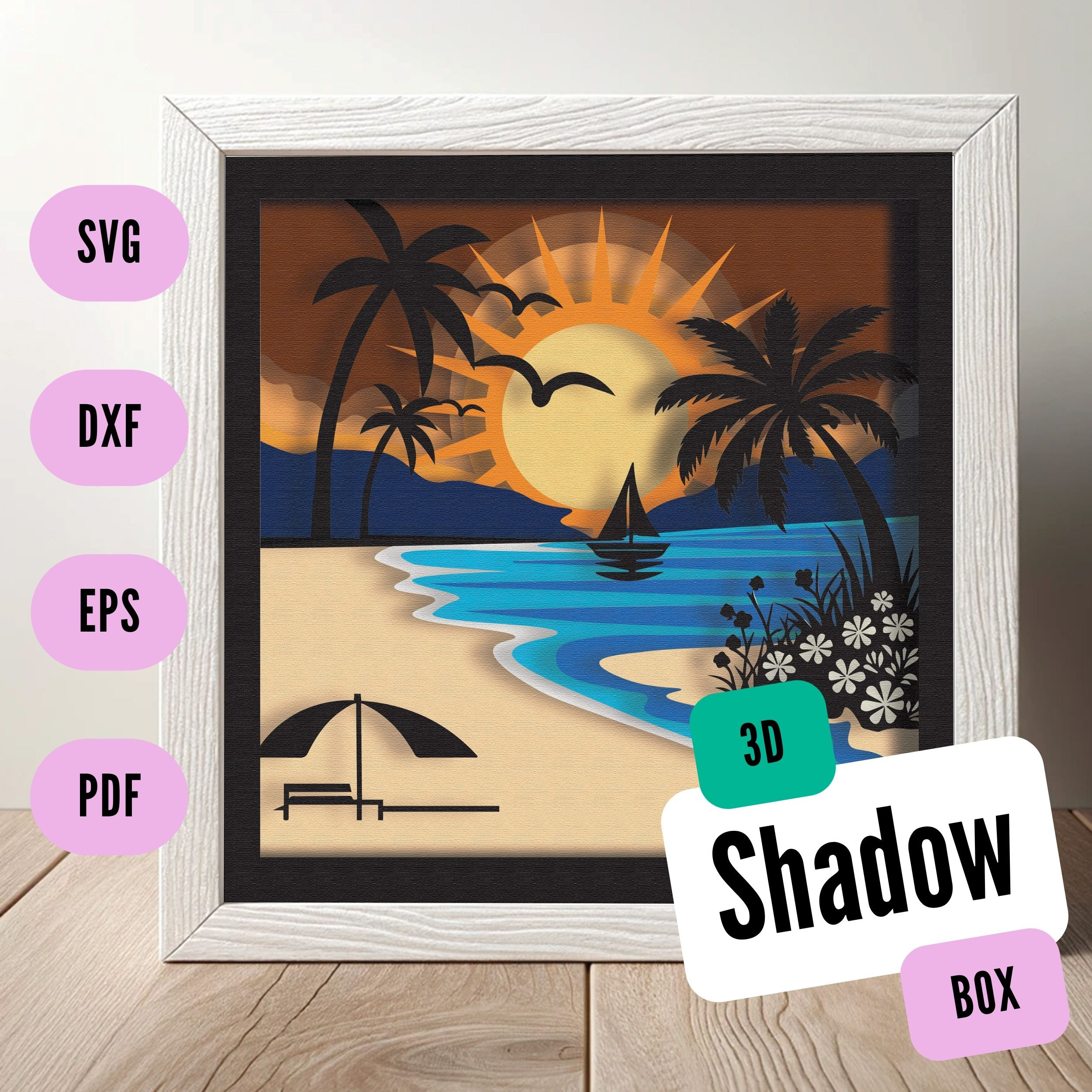 Beach Shadow Box Svg, Beach Paper Cut Light Box, Shadow Box Template ...
