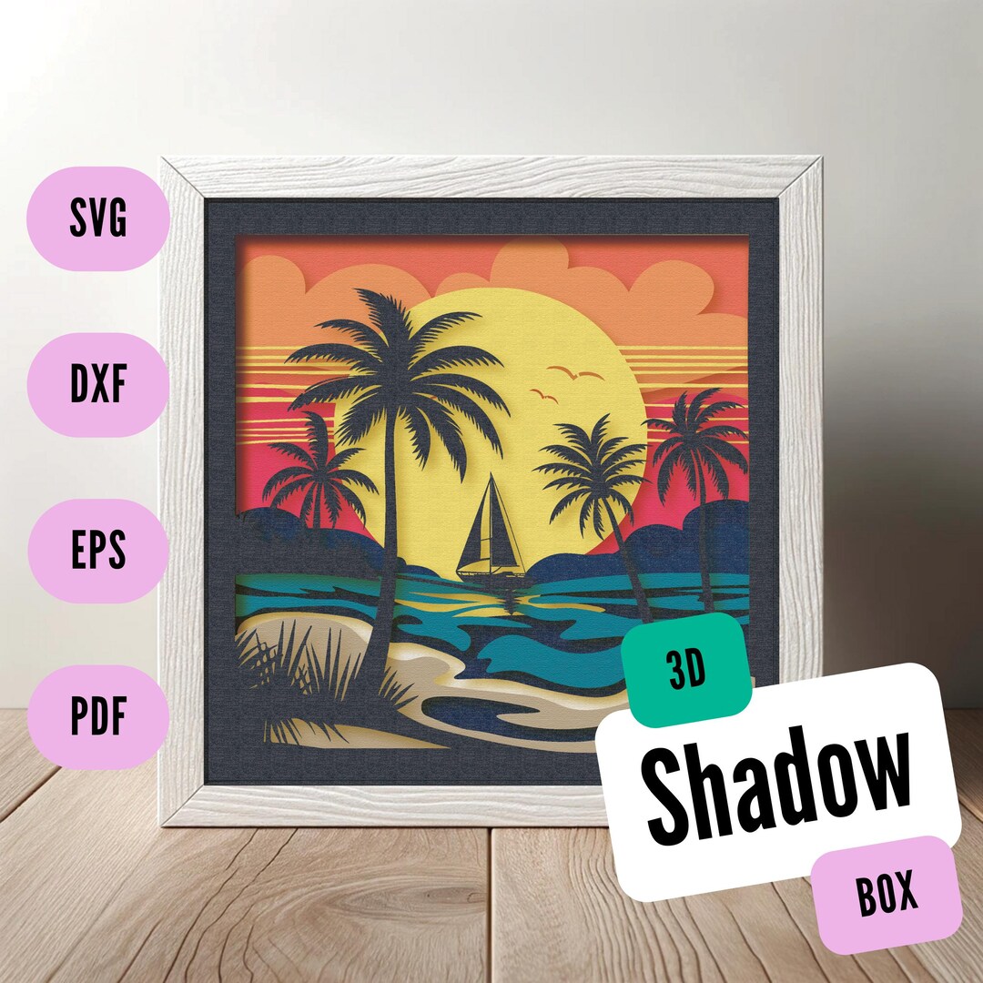 Beach Shadow Box Svg, Beach Paper Cut Light Box, Shadow Box Template ...