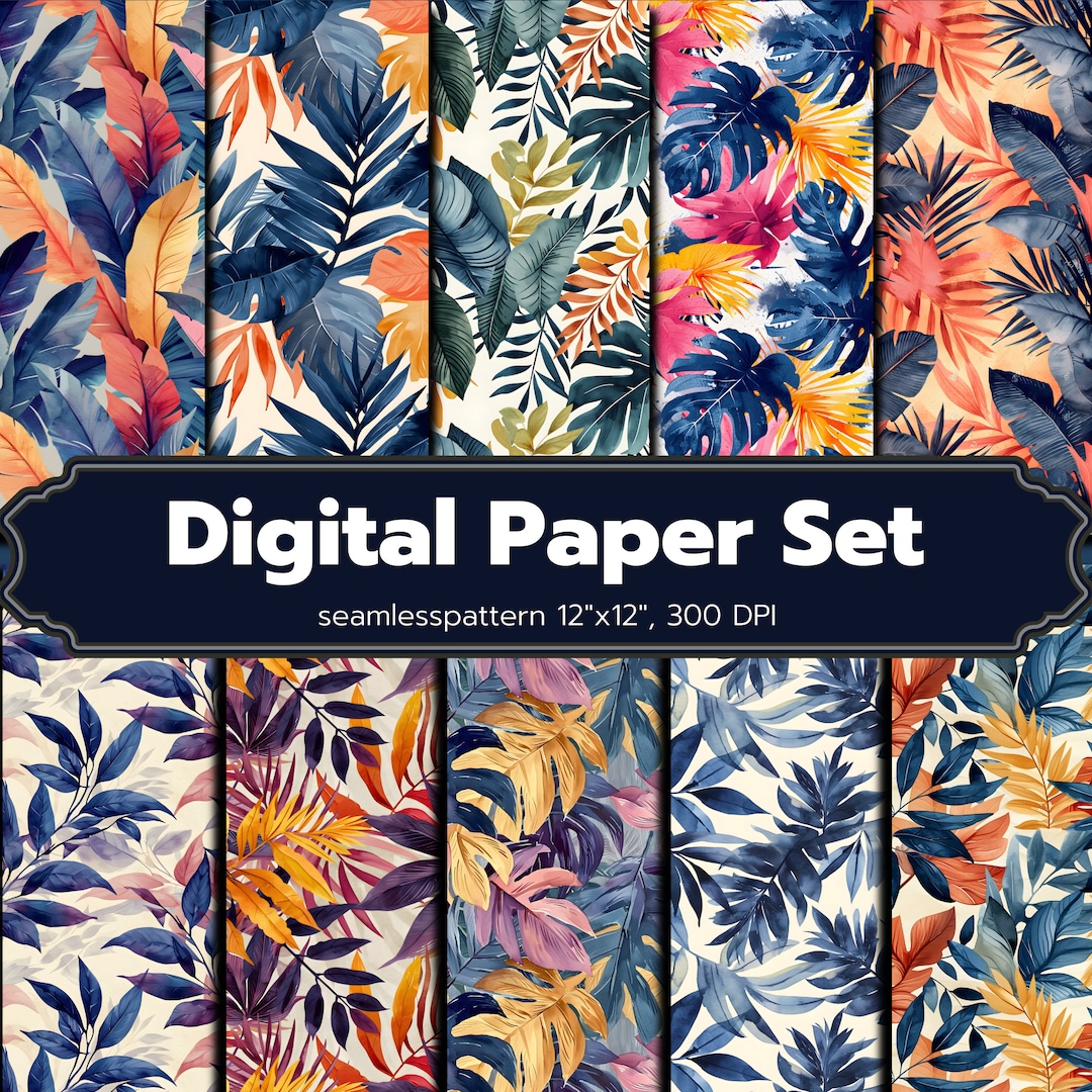 Watercolor Tropic Digital Paper, Seamless Modern Tropical Leaf Patterns ...