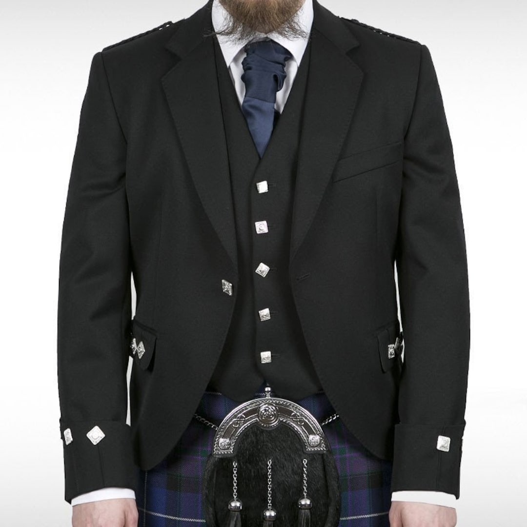 Scottish Men Black Argyll Kilt Jacket and Vest Scottish Handmade Argyll Wedding Highland Jacket ...