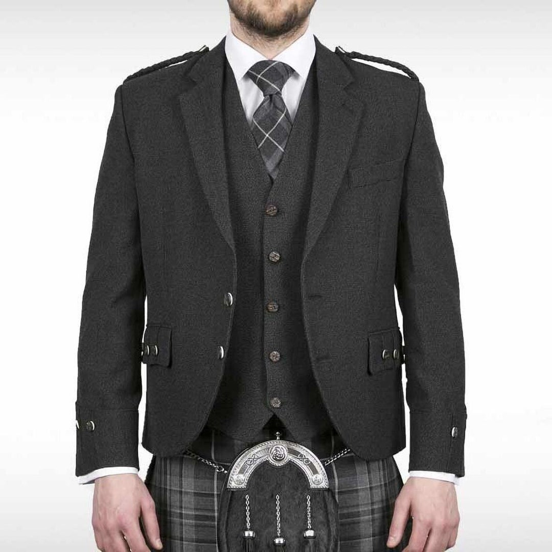Schotse mannen houtskool grijze kilt jas en vest Schotse handgemaakte ...