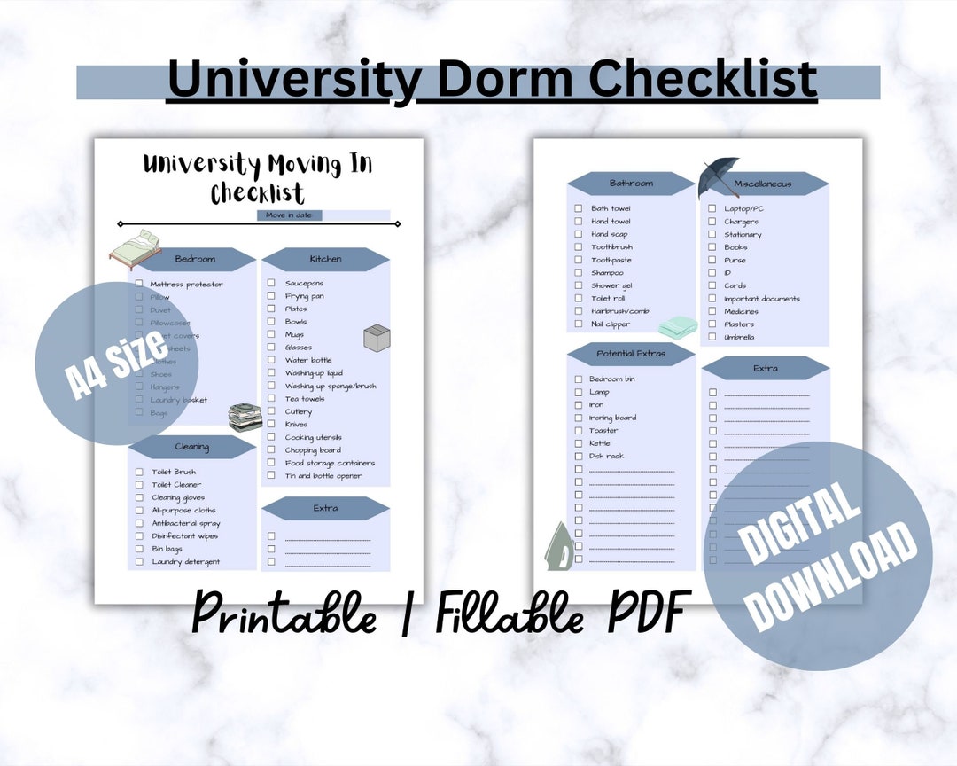 University Dorm Checklist | Moving in Checklist - Etsy