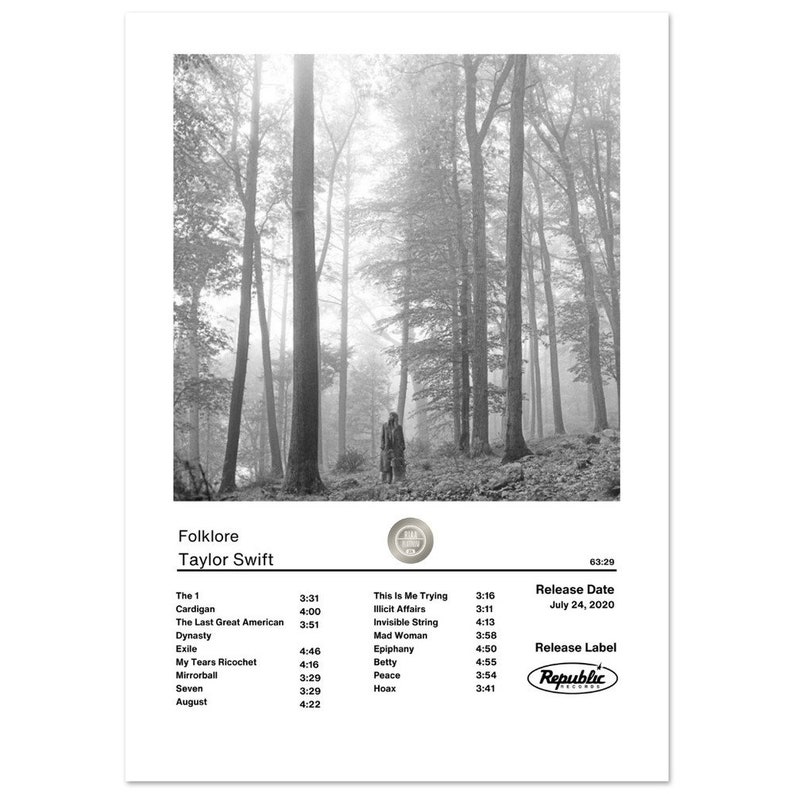 Taylor Swift Poster Folklore Album Cover Poster Song Track List Taylor ...