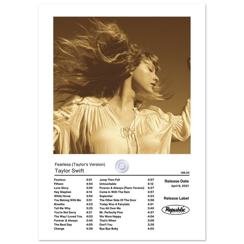 Fearless Album Cover Poster Song Track List Taylor Swift Poster Swiftie ...