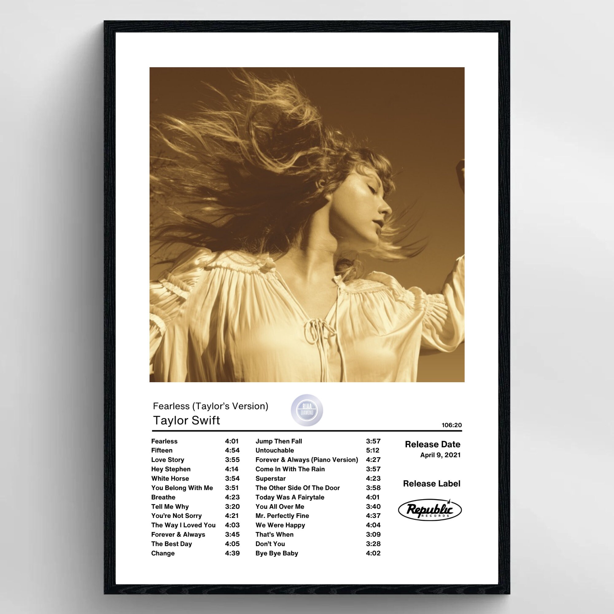Fearless Album Cover Poster Song Track List Taylor Swift Poster Swiftie ...