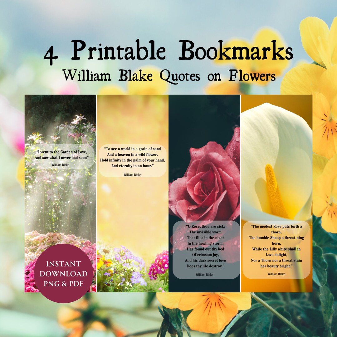 William Blake Printable Digital Bookmarks, Unique Floral Bookmarks With ...