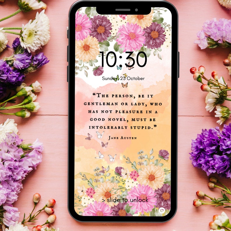 Soft Floral Wallpaper for Android Ios With Book Quote by Jane Austen ...
