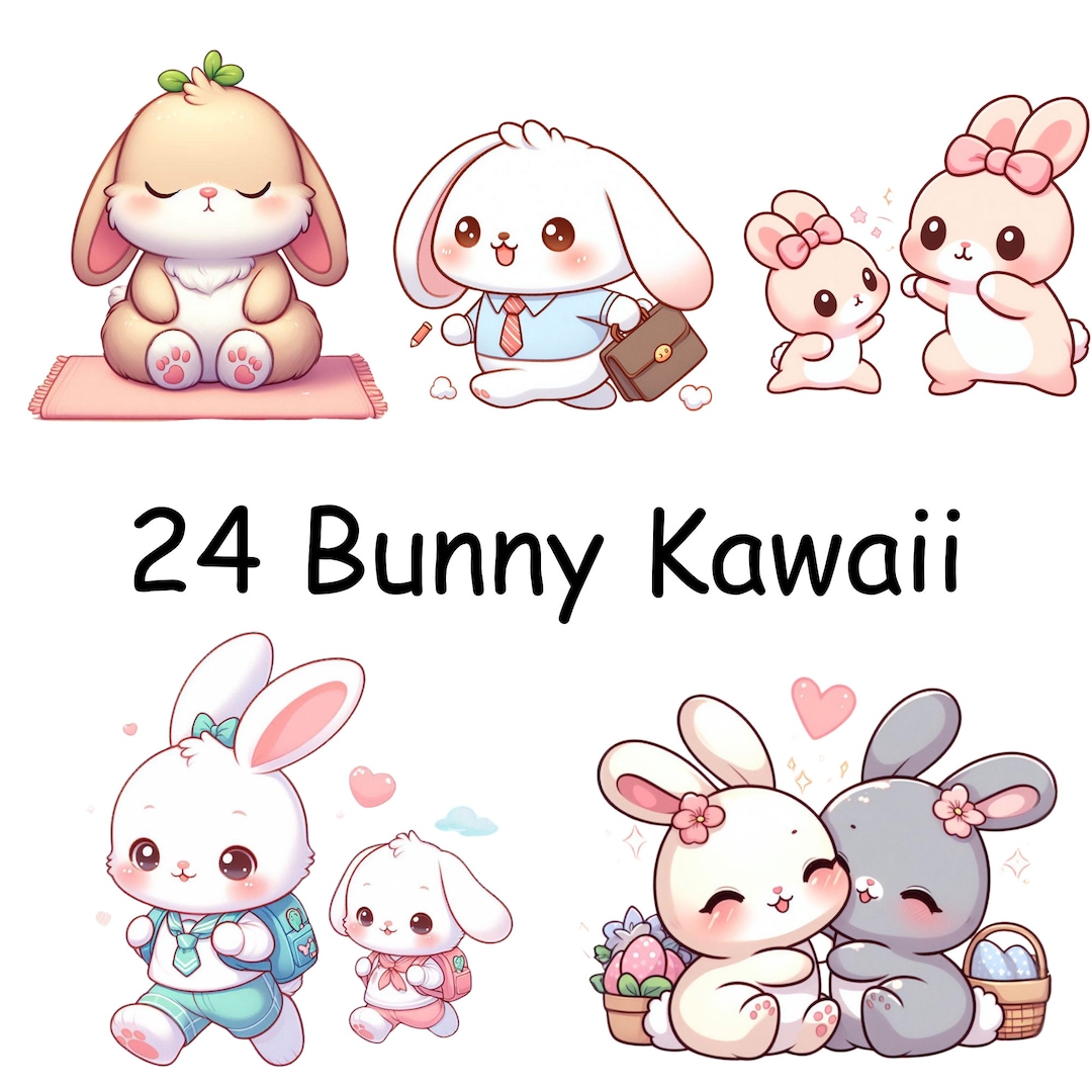 24 Kawaii Bunny Clipart, Kawaii Rabbit PNG, Cute Rabbit Clipart Bundle ...