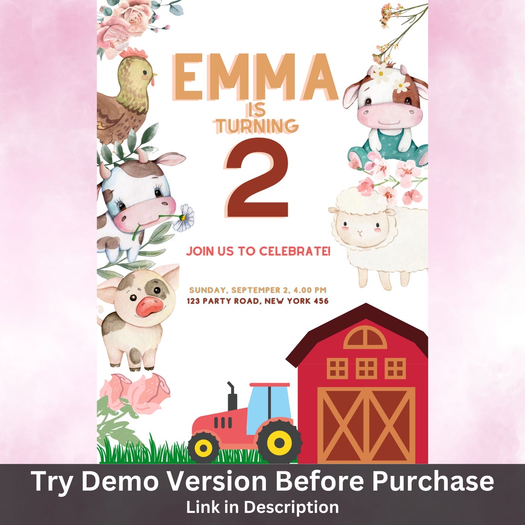 Girl Farm Birthday Invitation Instant Download Pink Barnyard - Etsy