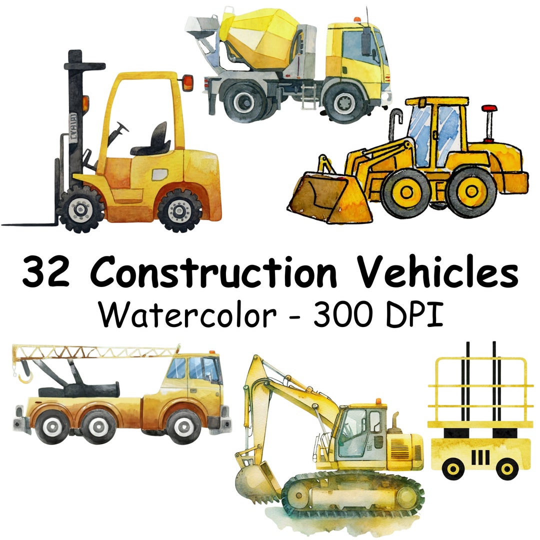 32 WATERCOLOR CLIPART, Construction Vehicles Art Scrapbooking Png ...