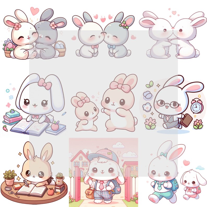 24 Kawaii Bunny Clipart, Kawaii Rabbit PNG, Cute Rabbit Clipart Bundle ...