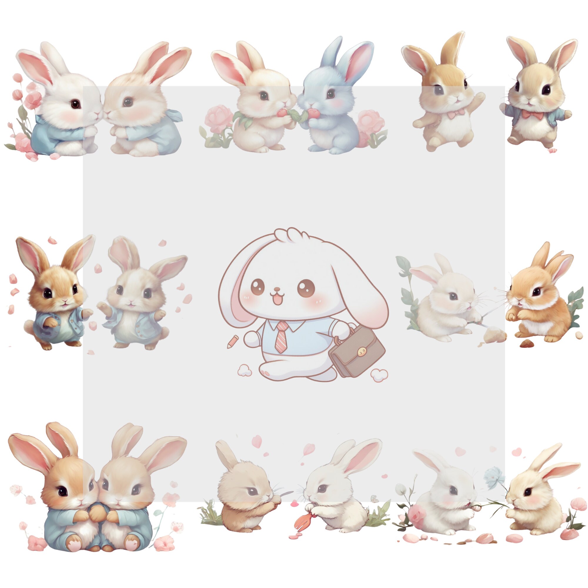 24 Kawaii Bunny Clipart, Kawaii Rabbit PNG, Cute Rabbit Clipart Bundle ...