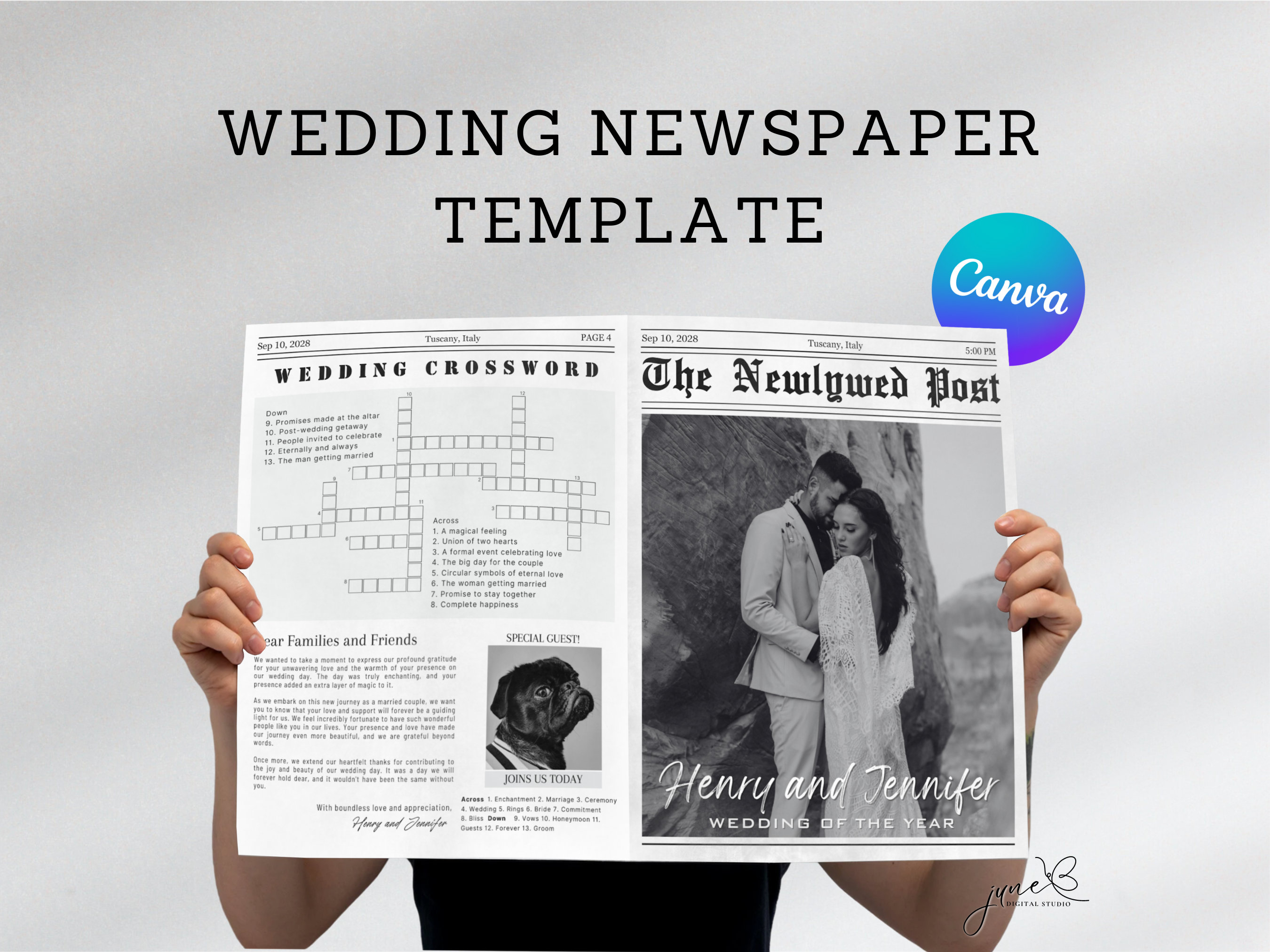 Newspaper Wedding, Editable Newspaper Program Template on CANVA ...