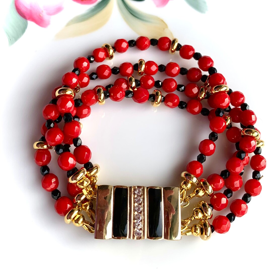 4 Strand Bracelet, Black Enamel and Gold Plated Vintage Snap-closure Clasp With Zircon Accents ...