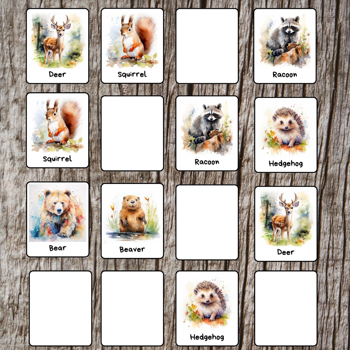 Memory Card Game Animal Printable Card Game Watercolor Animals Card ...