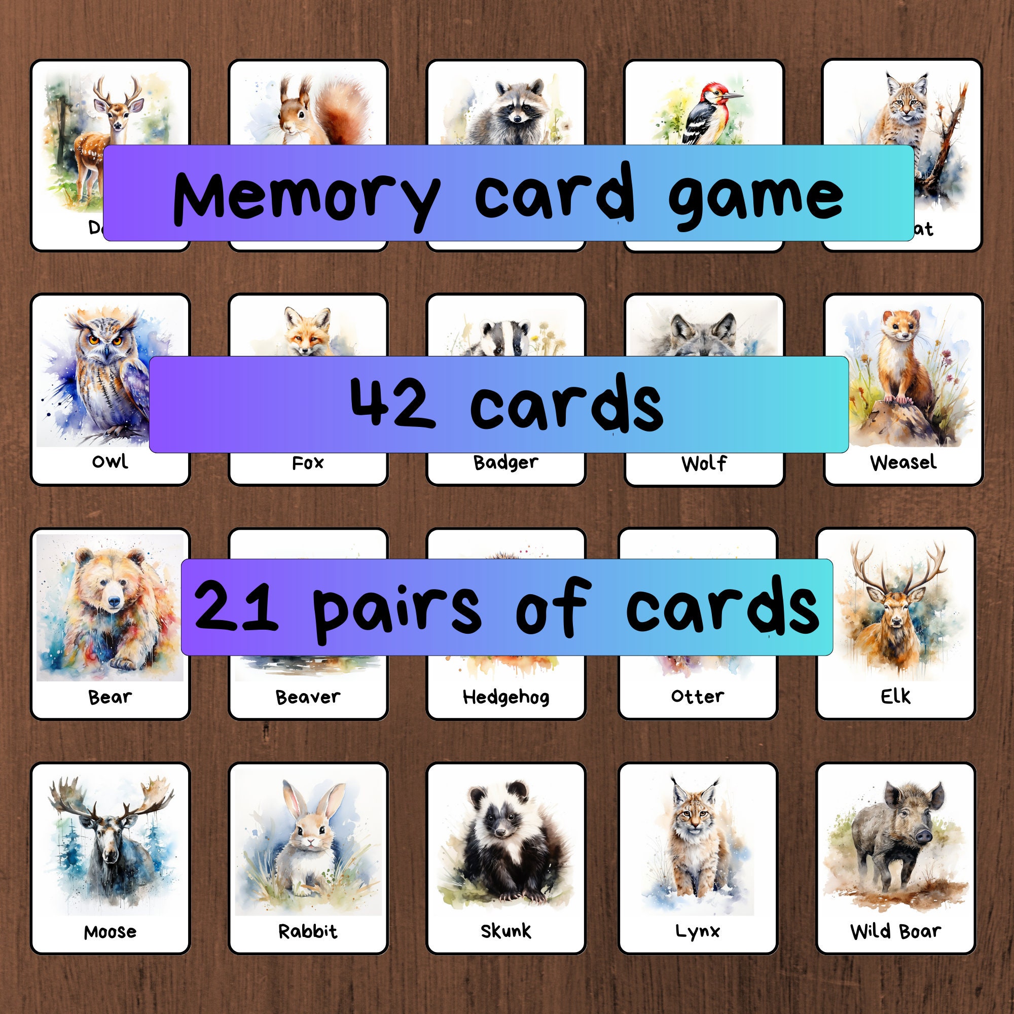 Memory Card Game Animal Printable Card Game Watercolor Animals Card ...