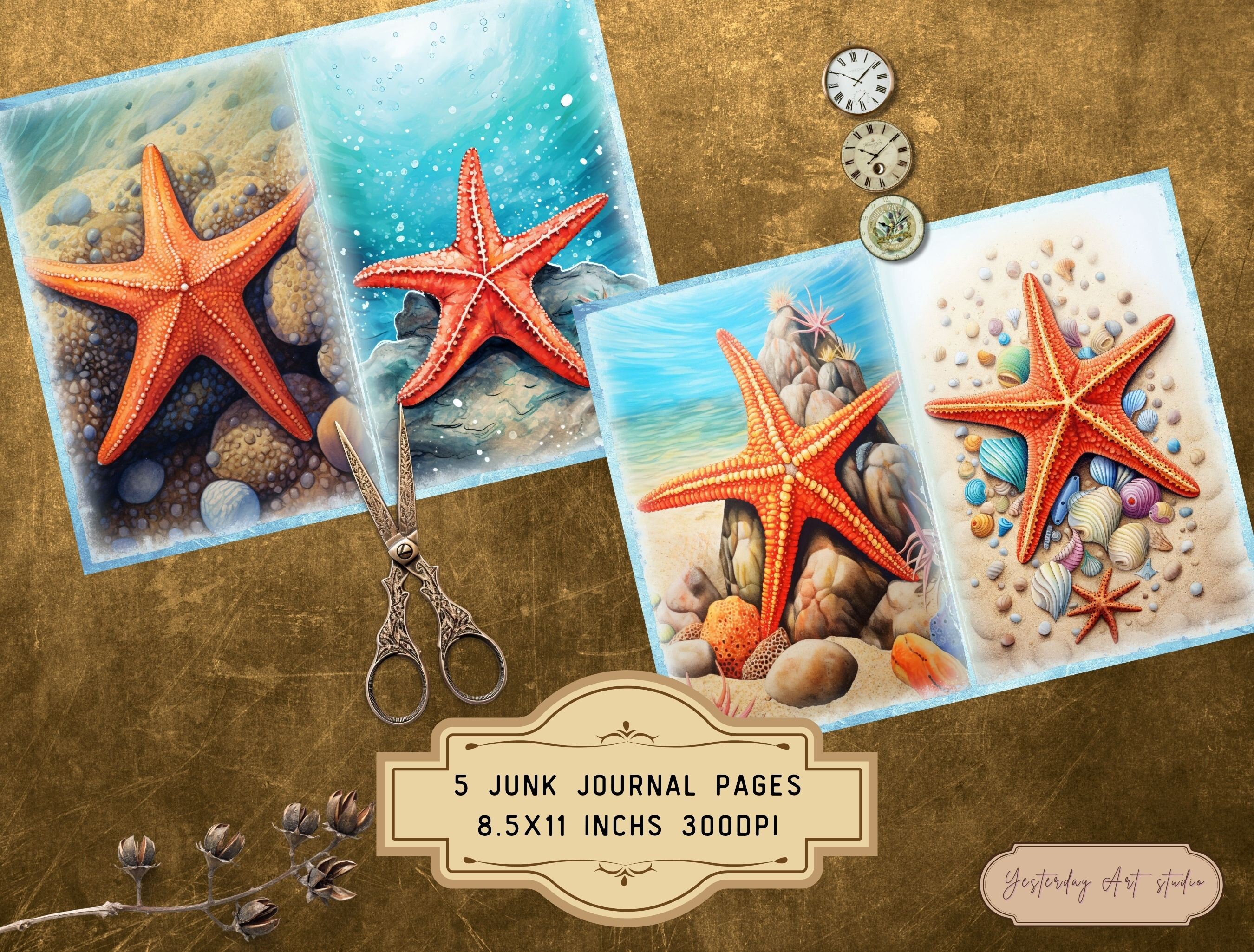 Starfish Junk Journal Pages Ocean Ephemera Digital Scrapbook Paper Kit ...