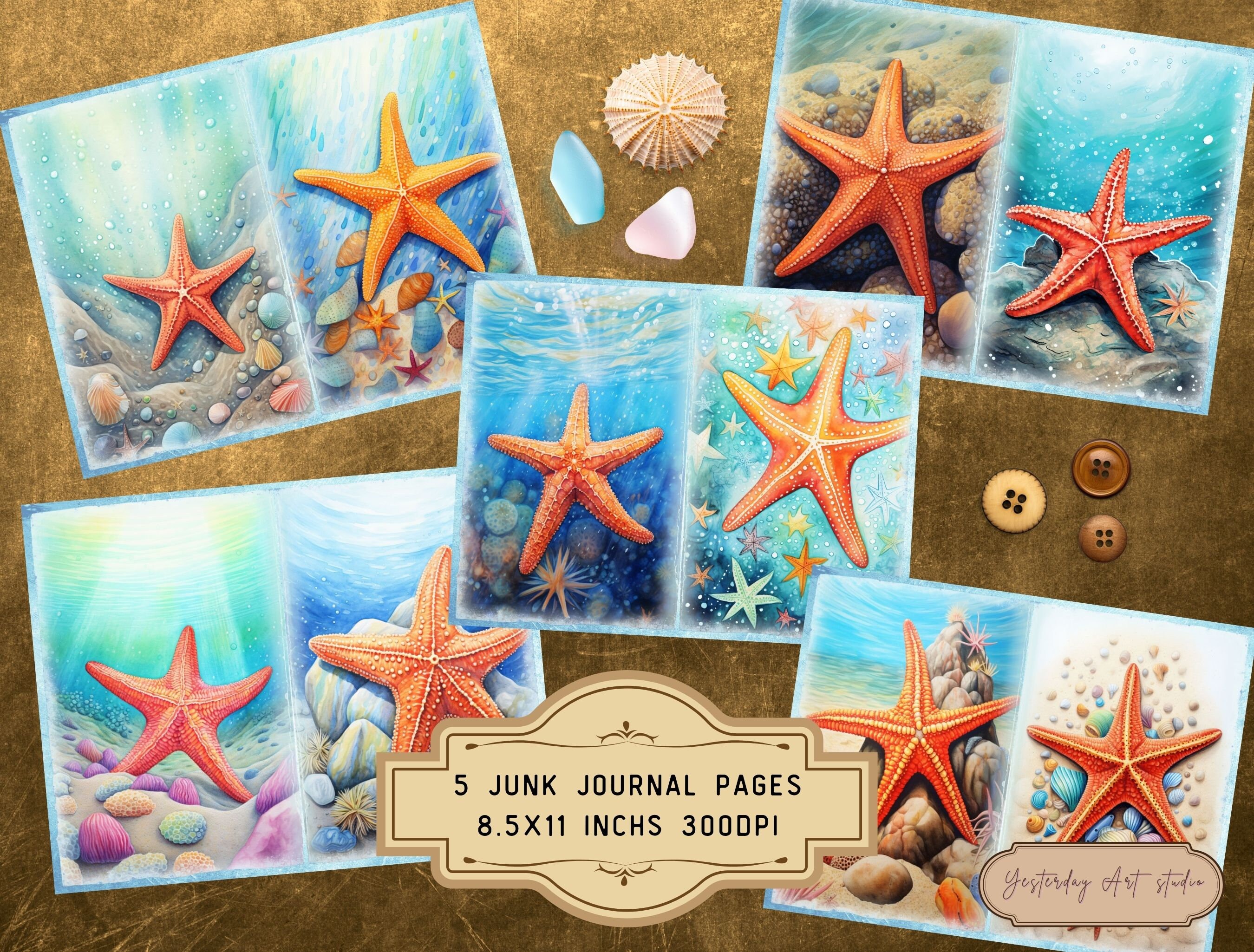 Starfish Junk Journal Pages Ocean Ephemera Digital Scrapbook Paper Kit ...